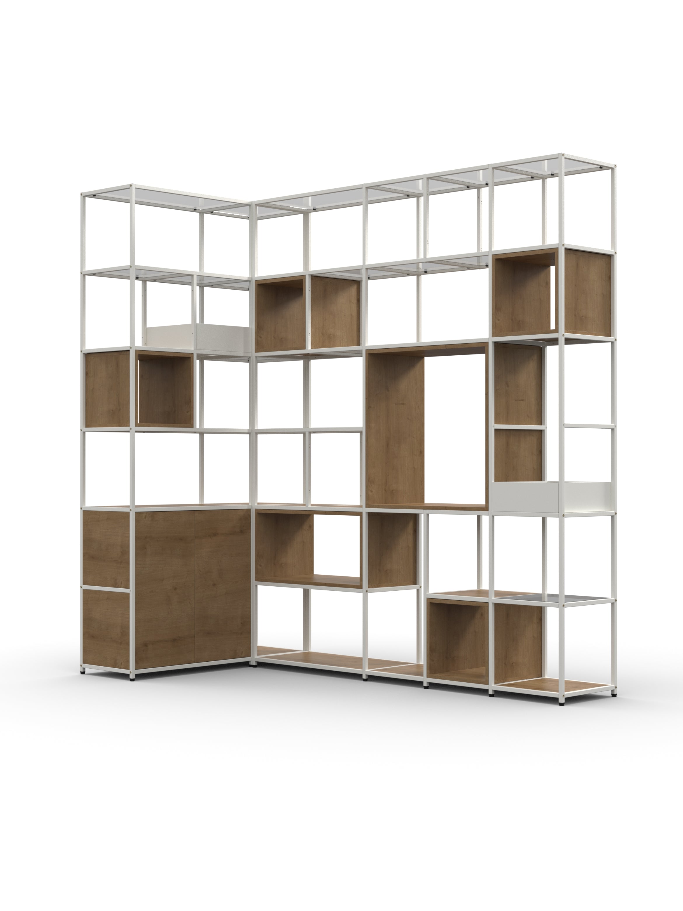 Brawby | Modular Corner Shelving Unit With Glass Shelves | Shelved