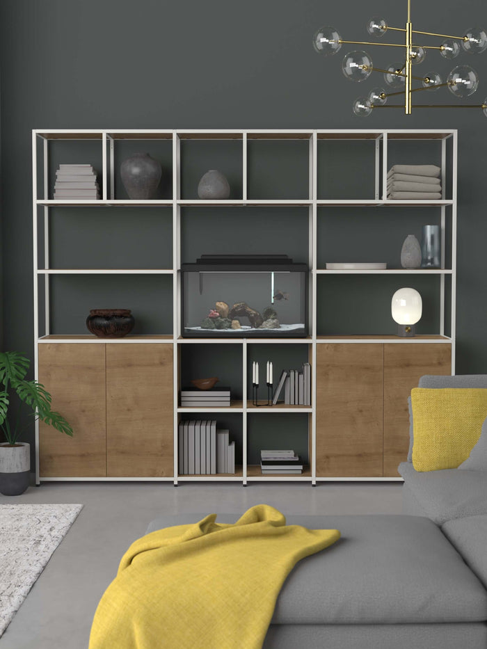 Oulston | Modular Storage Wall With Double Cupboards And Shelves | Shelved